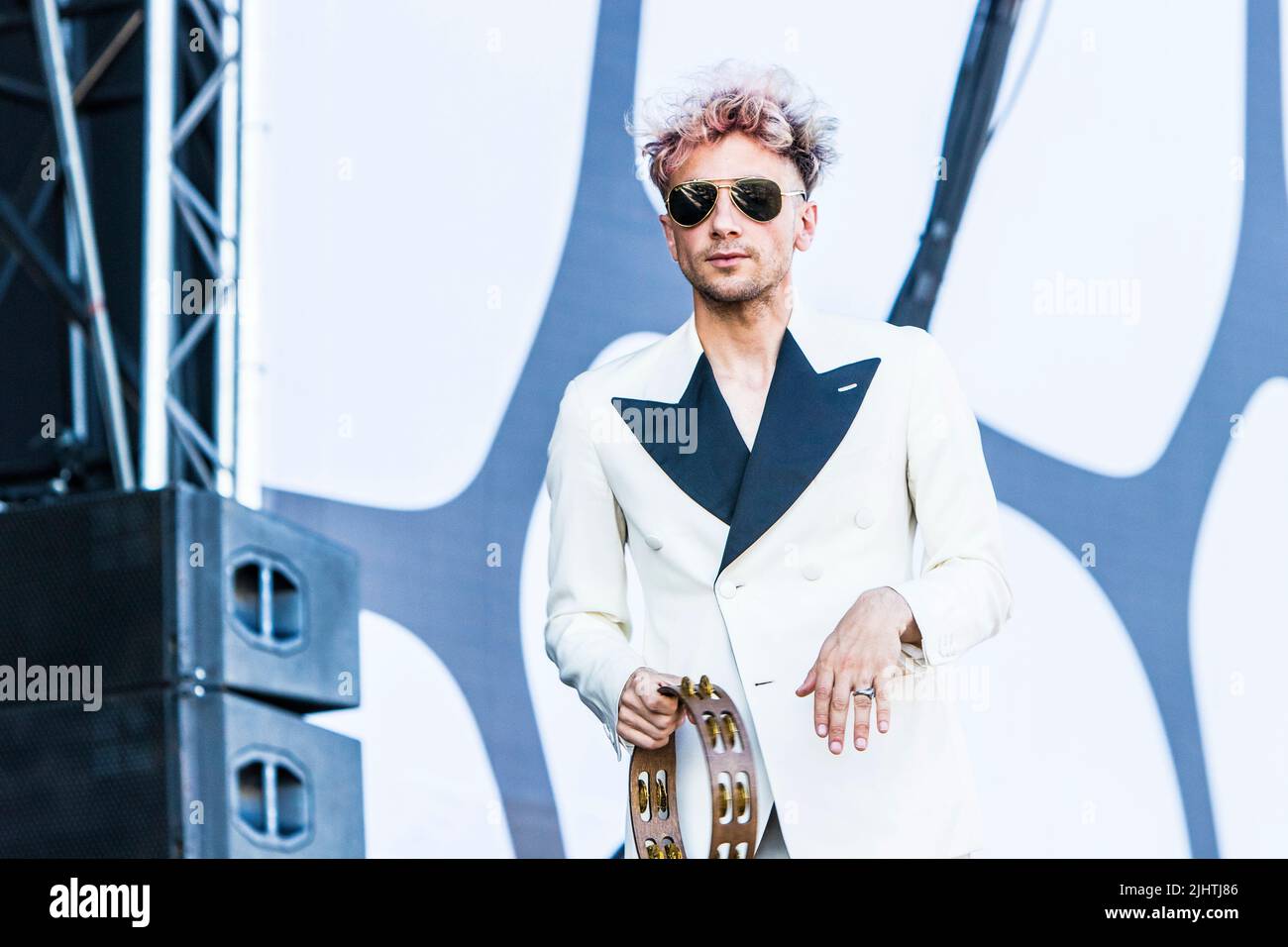Singer Marlon Magnee of the band Le Femme performs on stage at MadCool ...