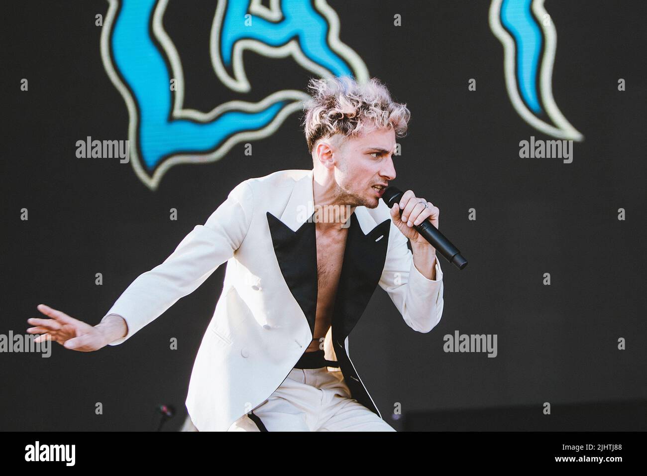 Singer Marlon Magnee of the band Le Femme performs on stage at MadCool ...