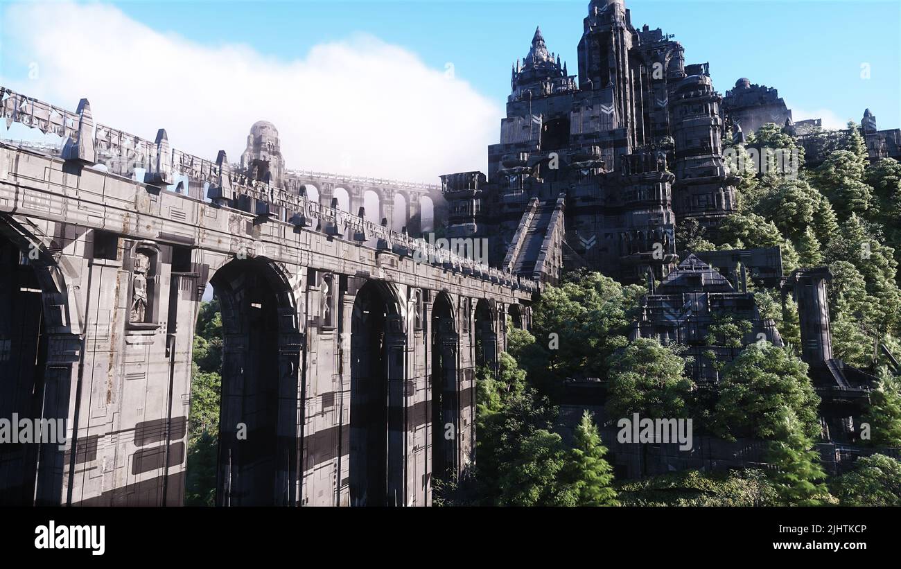 Fantasy fairy cyberpunk castle, palace in ocean. Postapocalypde concept ...
