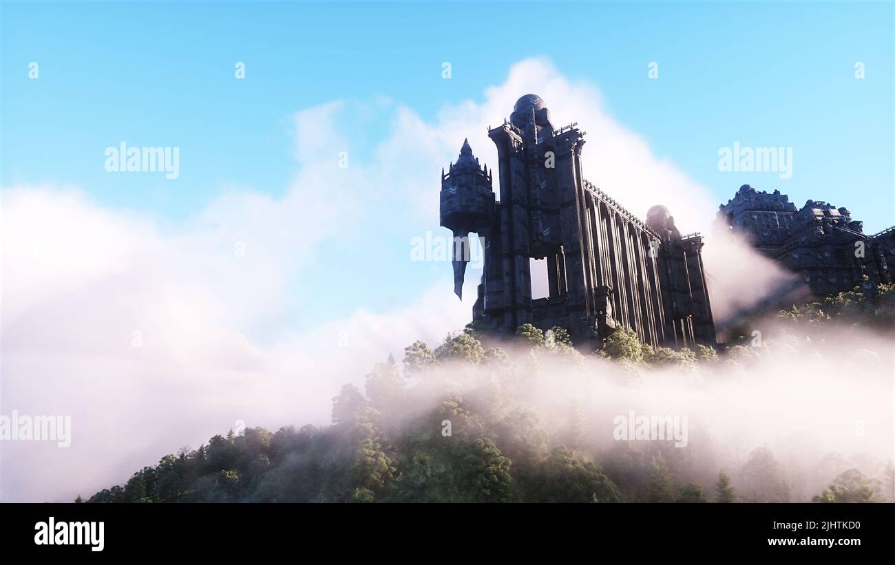 Fantasy fairy cyberpunk castle, palace in ocean. Postapocalypde concept ...