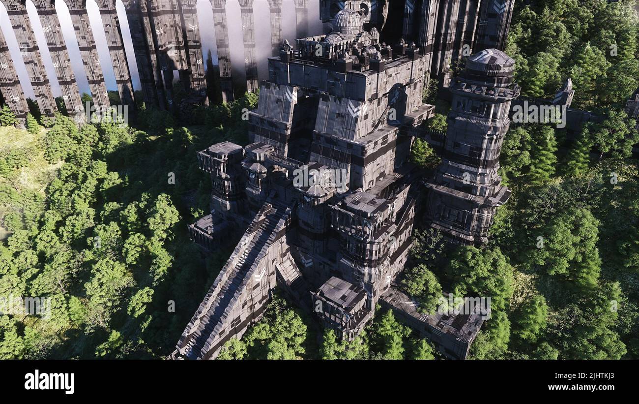 Fantasy fairy cyberpunk castle, palace in ocean. Postapocalypde concept ...