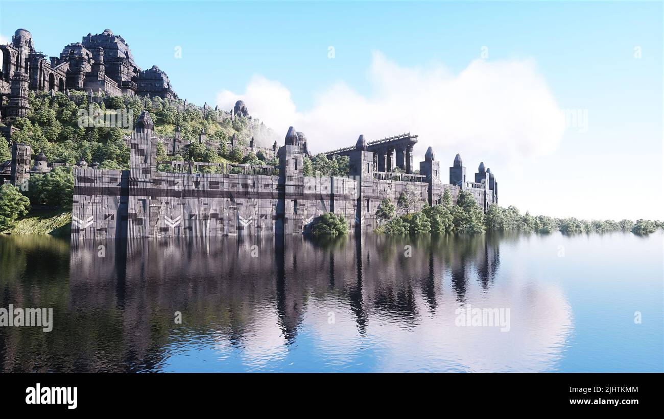 Fantasy fairy cyberpunk castle, palace in ocean. Postapocalypde concept ...