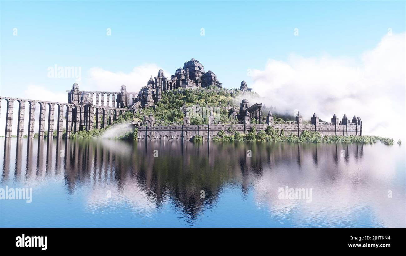 Fantasy fairy cyberpunk castle, palace in ocean. Postapocalypde concept ...