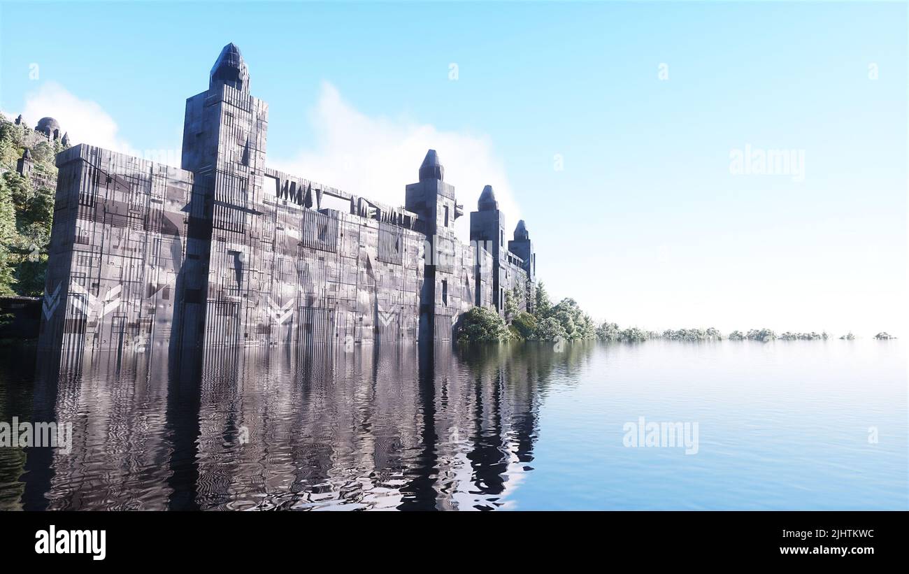 Fantasy fairy cyberpunk castle, palace in ocean. Postapocalypde concept ...