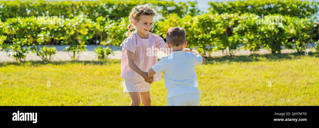 BANNER, LONG FORMAT Portrait of two cute adorable baby children ...