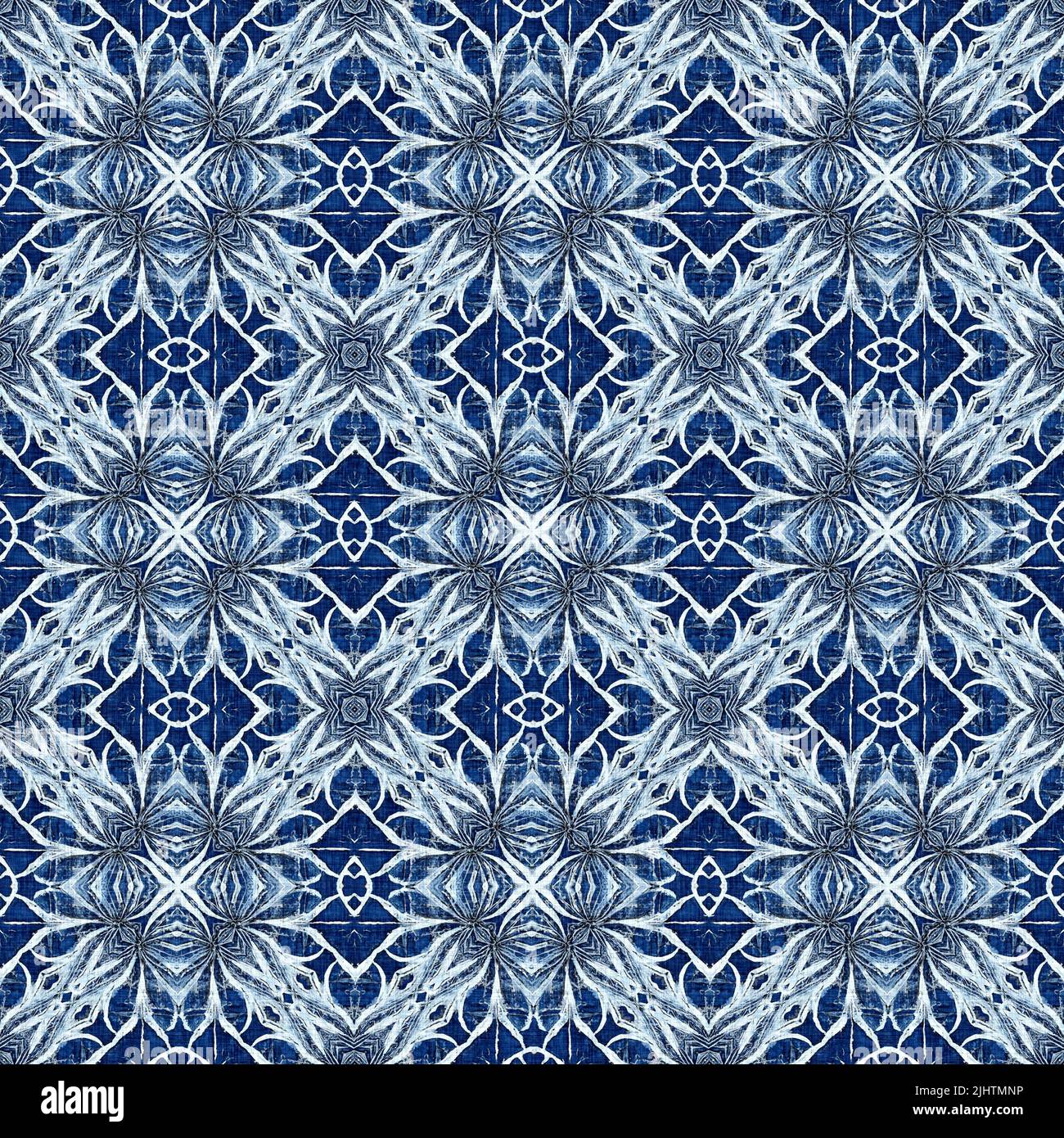 Indigo blue snow flake patchwork pattern background. Frosty painterly ...