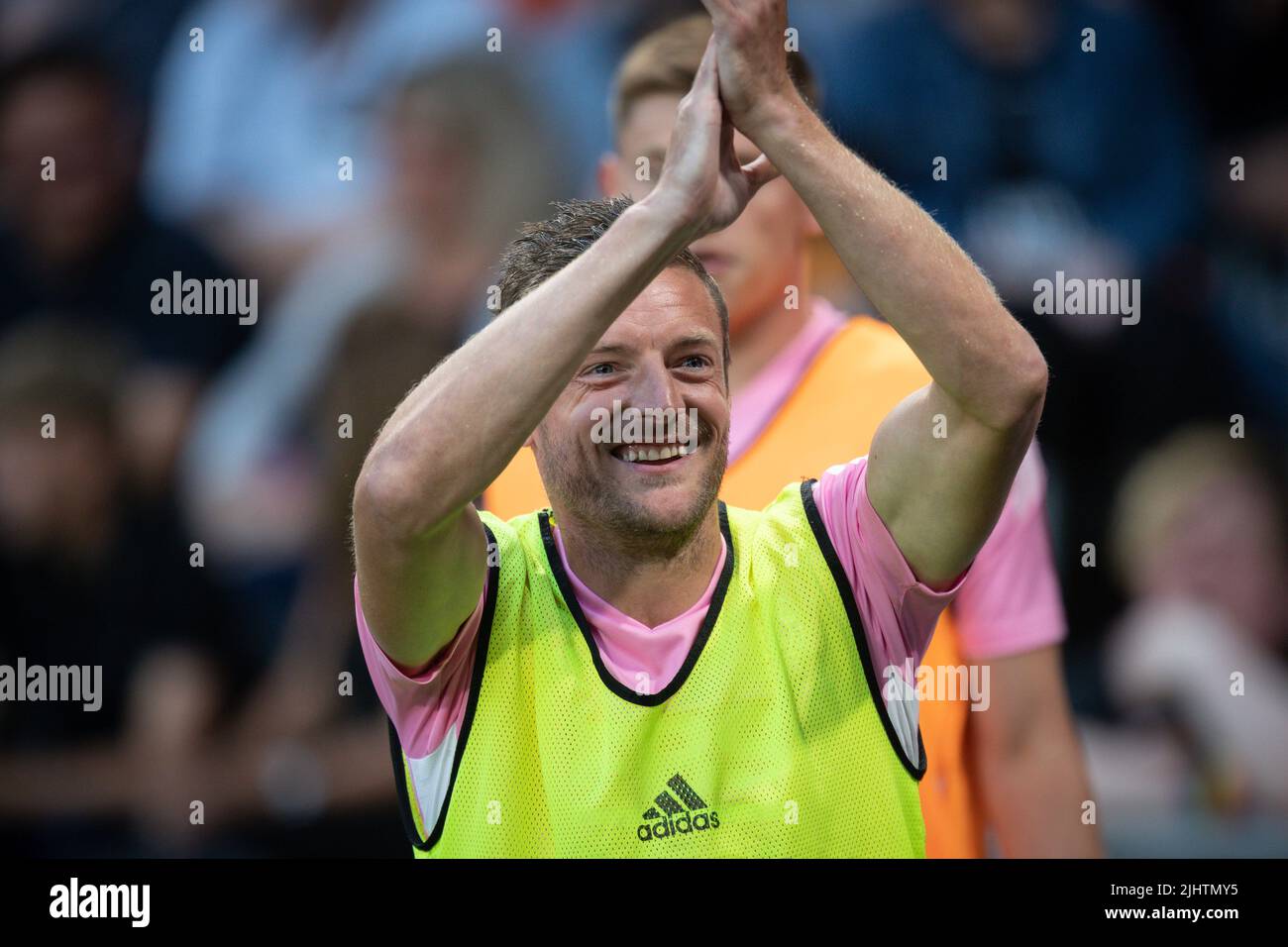 Jamie Vardy #9 of Leicester City laughs and reacts to the Hull City ...