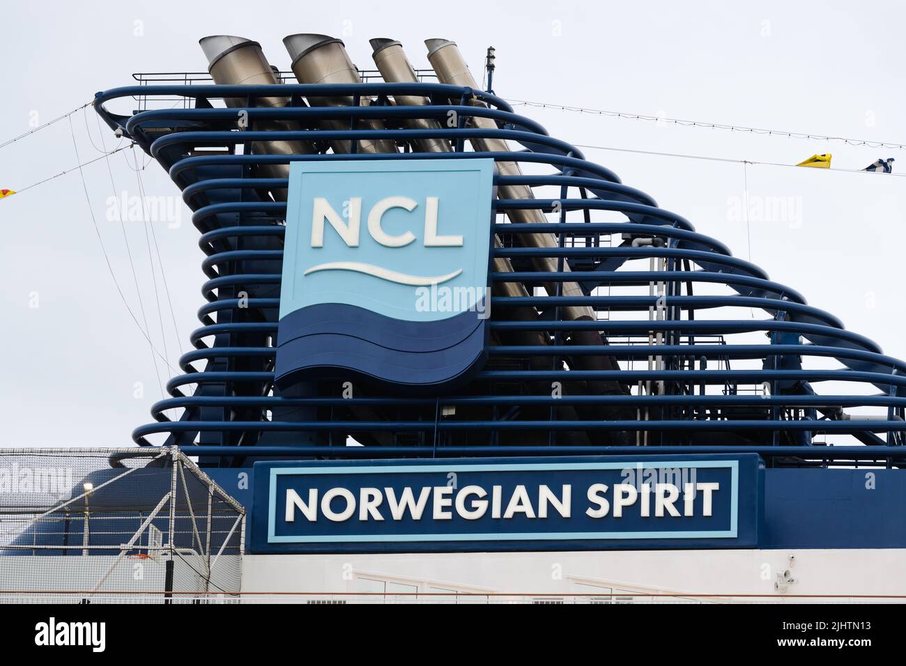 Seattle - July 18, 2022; NCL cruise ship logo and nameplate of ...