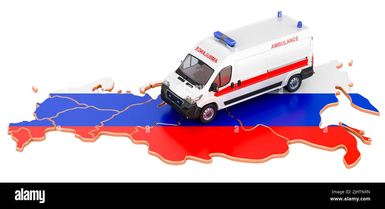 Emergency medical services in Russia. Ambulance van on the Russian map ...