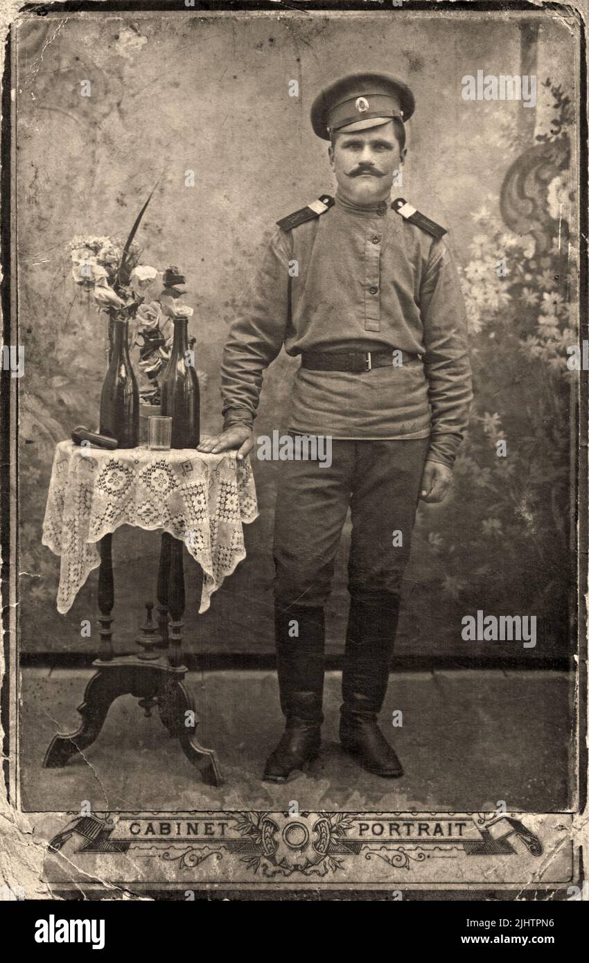 Retro photo beginning 19th century of brave soldier Russian imperial ...