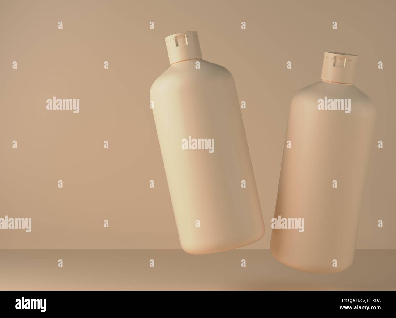 Two beige plastic shampoo bottles floating on studio background, 3D ...