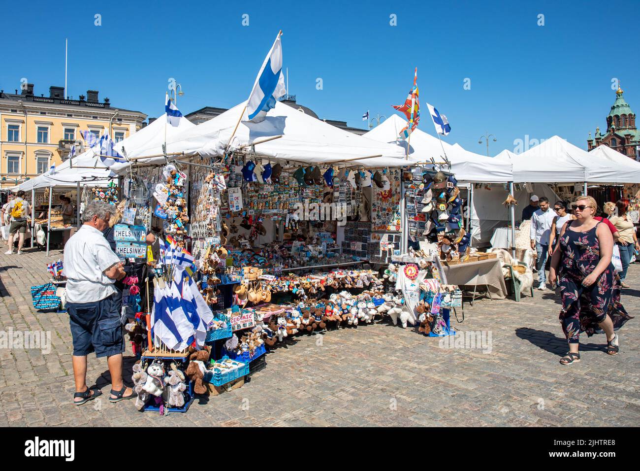 Tourist souvenirs or trinkets stall in Helsinki Market Square Stock ...