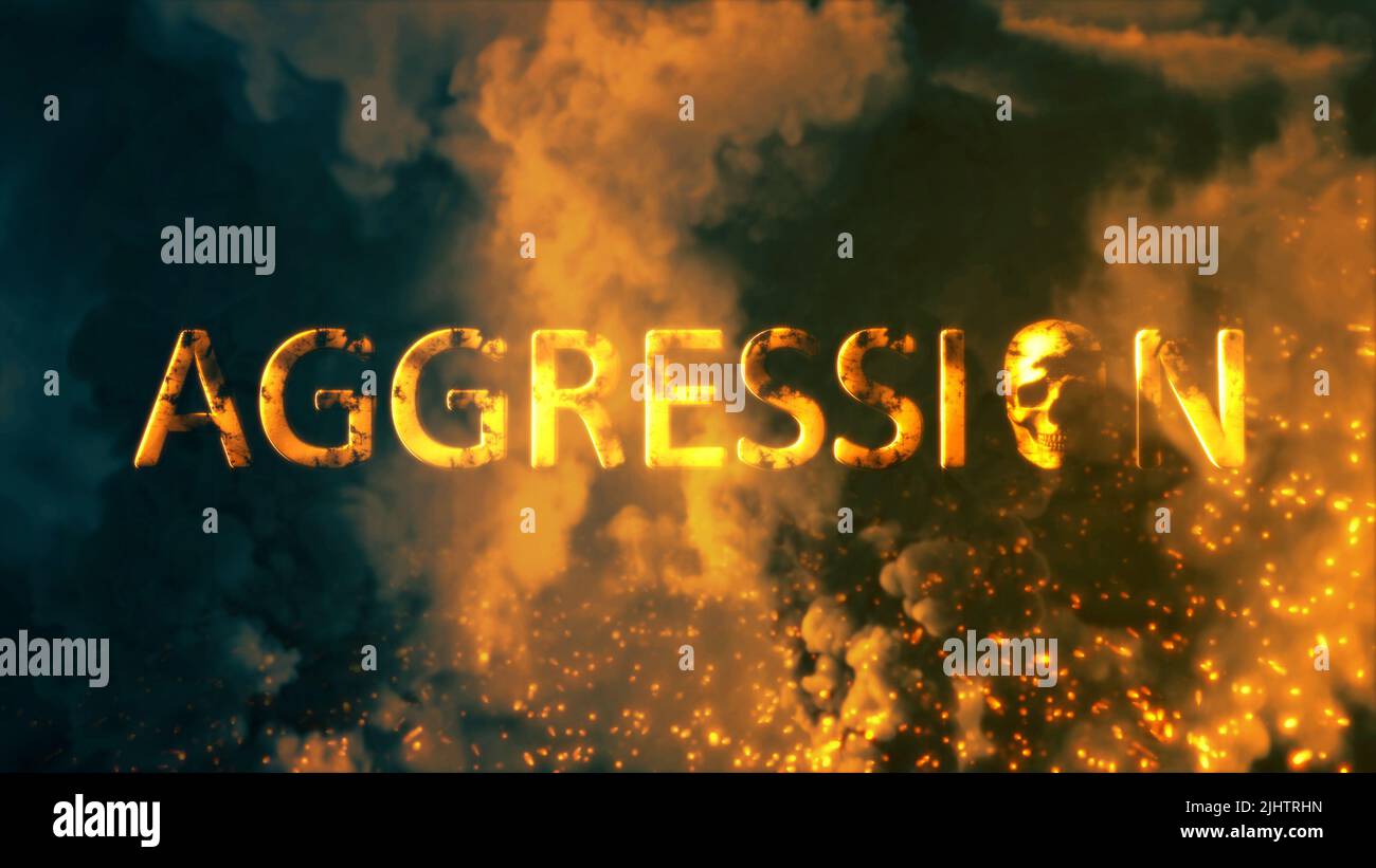 Text aggression with human skull on backdrop with fire flames and smoke ...
