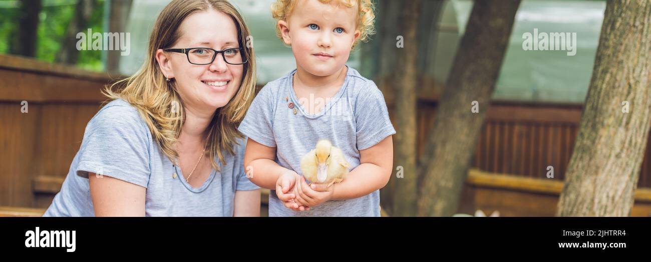 Family in the contact zoo, the mother and daughter are holding a ...
