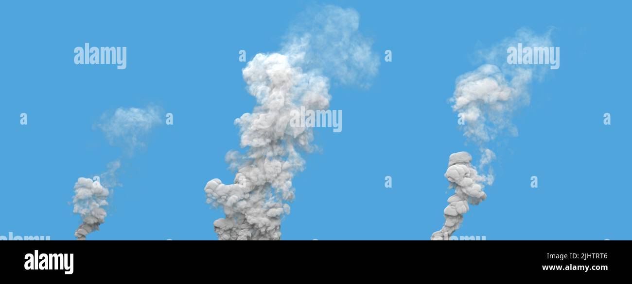 3 grey carbon dioxide smoke columns from forest fire on blue, isolated ...