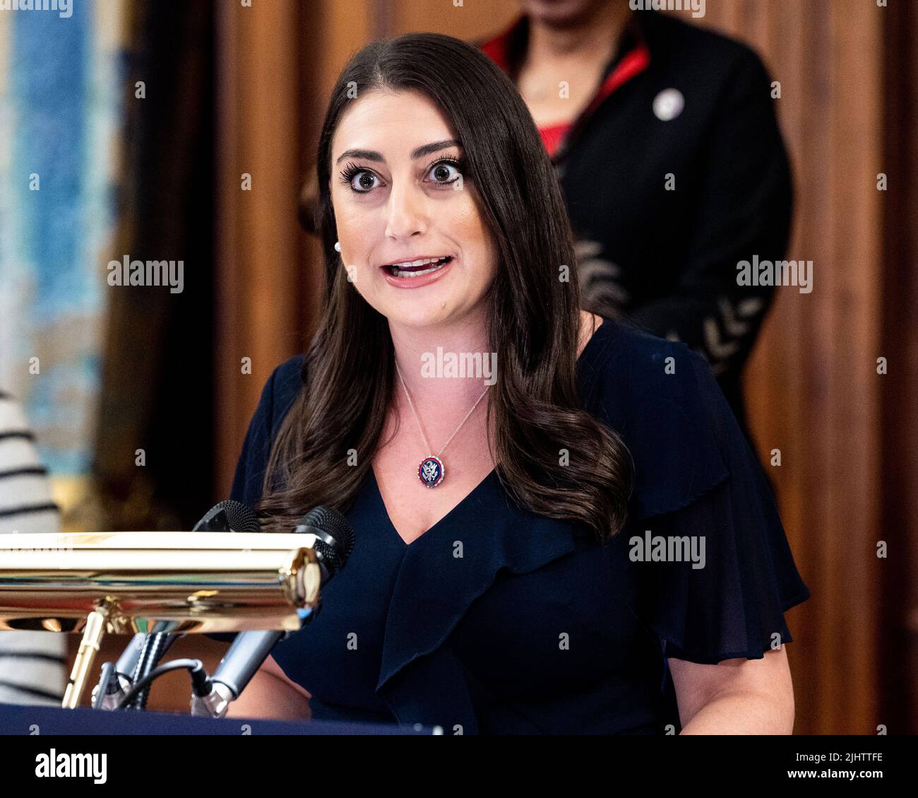 U.S. Representative Sara Jacobs (D-CA) speaking at a press conference ...