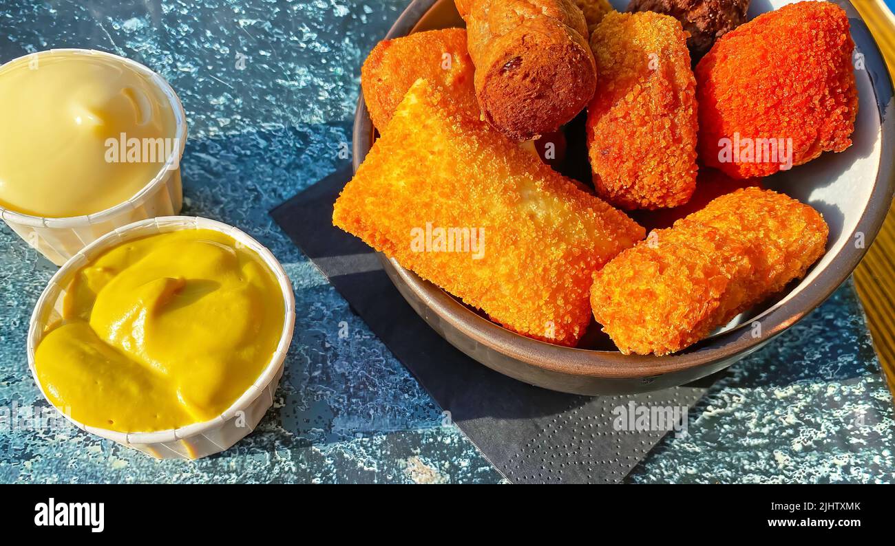 Closeup of bowl traditional typical dutch breadcrump fried meat based ...