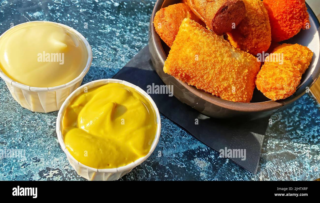 Closeup of bowl traditional typical dutch breadcrump fried meat based ...