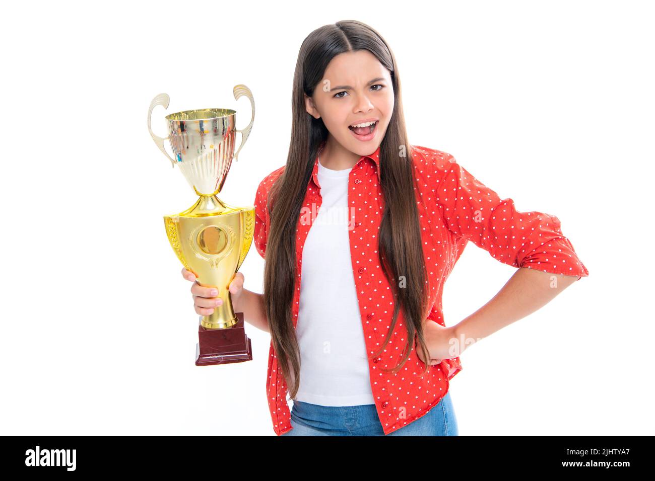Girl with win cup. Teen holding a trophy. Kid winner child won the ...