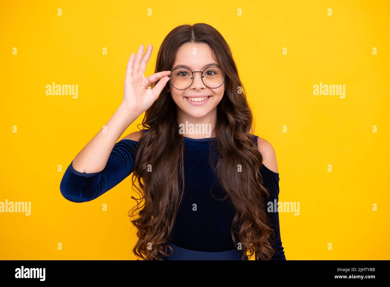 Portrait of teenager child girl in glasses. Kid at eye sight test. Girl ...
