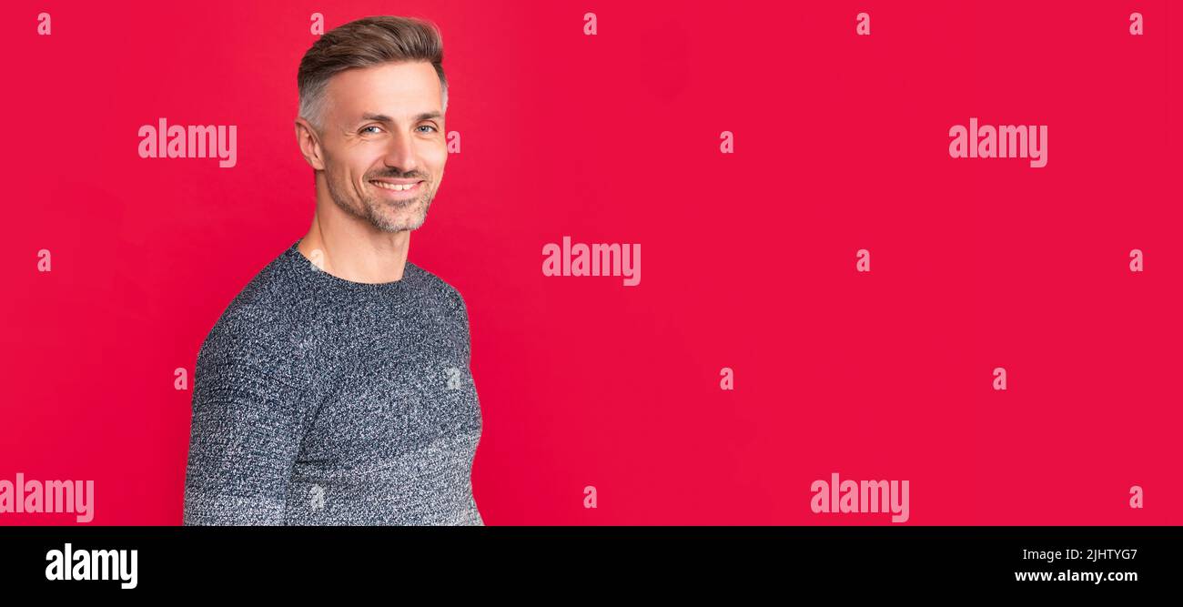 Man face portrait, banner with copy space. cheerful handsome man wear ...