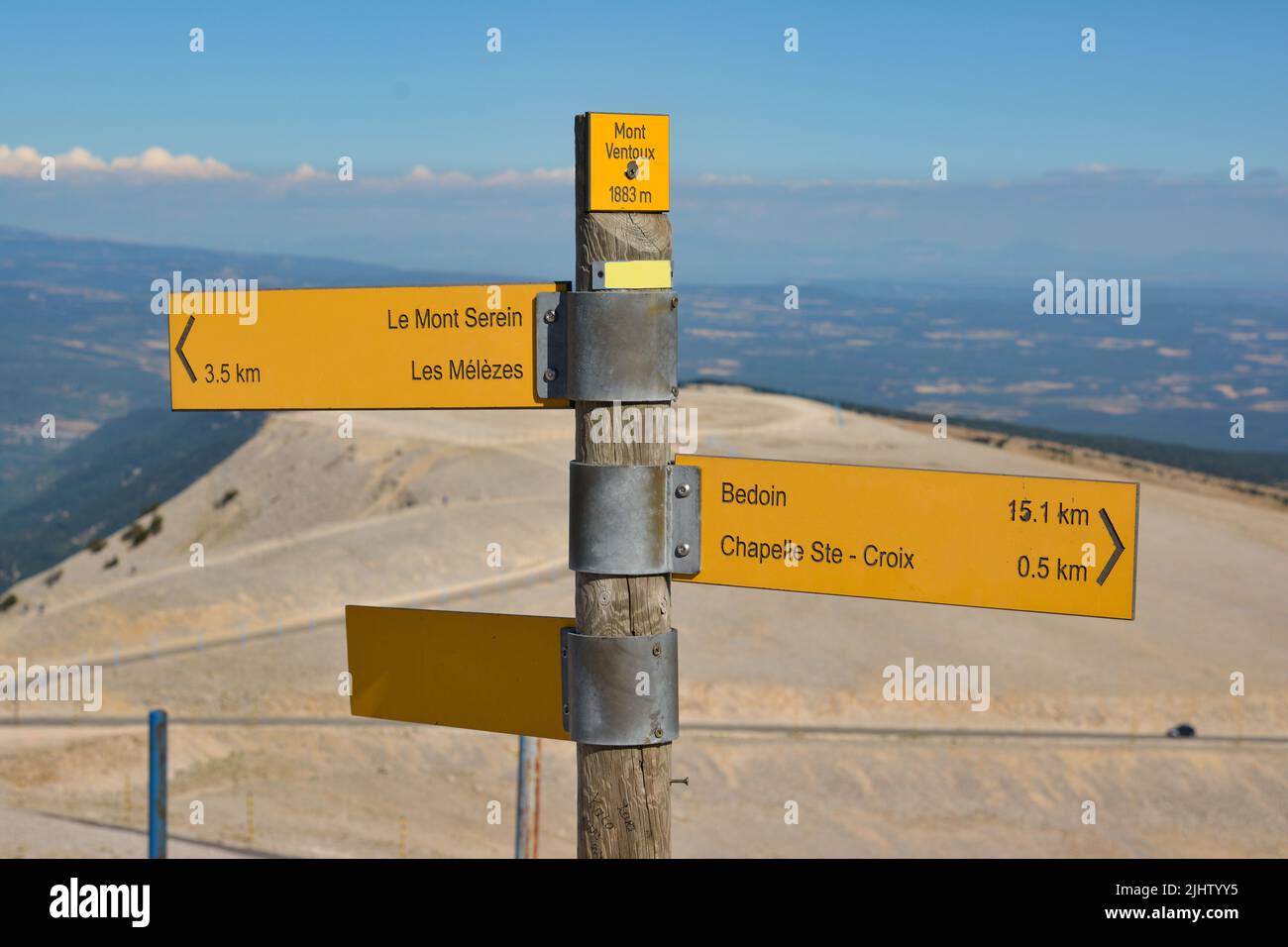 Pointers to cities and villages at the top of the mountain Mont Ventoux ...