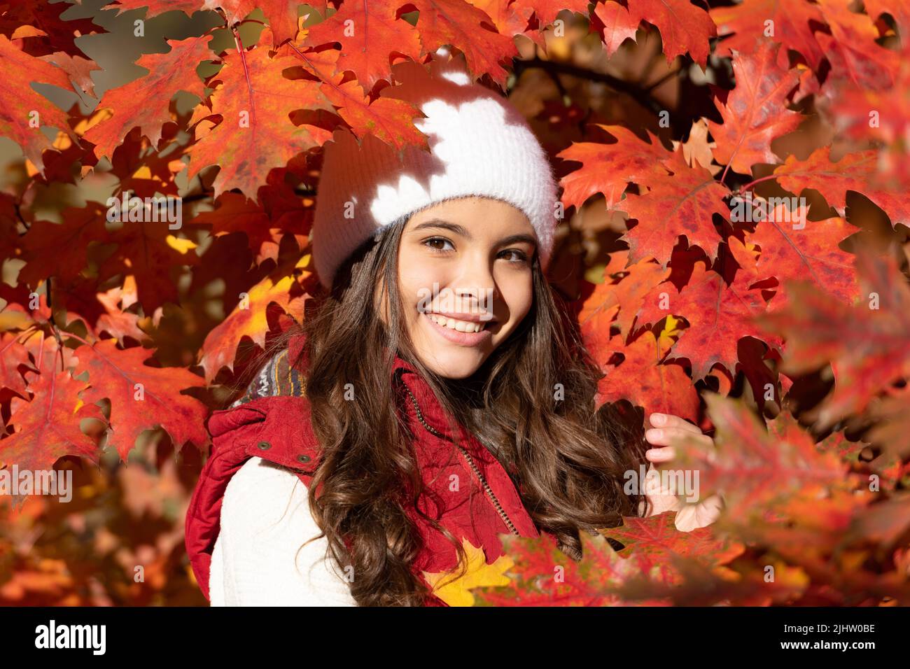 Child teen girl in autumn fall park outdoor, autumn fun kids face ...