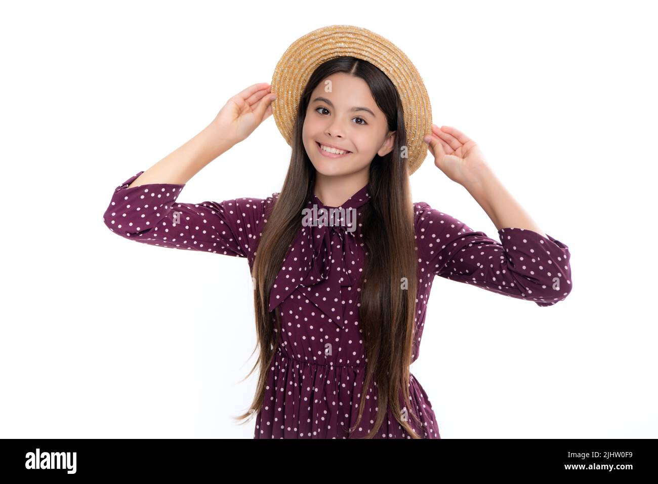 Portrait of happy smiling teenage child girl. Pretty teenage girl in white studio background ...