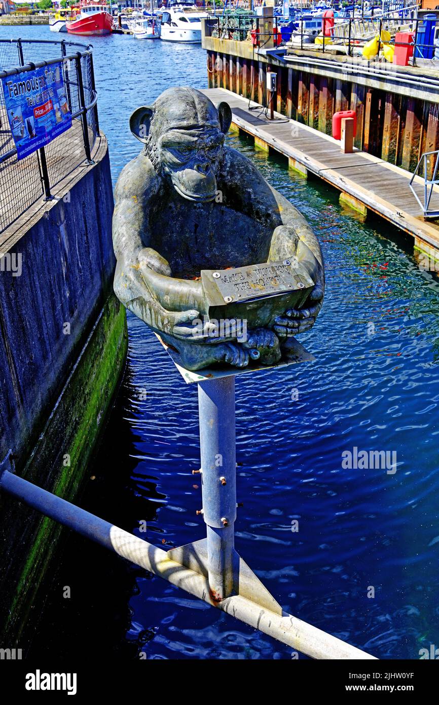 A modern steel sculpture of the famous Hartlepool monkey effigy within ...