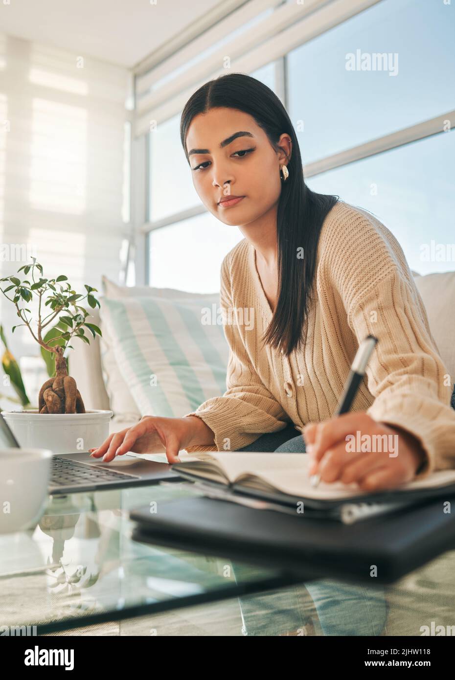 Writing in her diary. an attractive young woman journaling while ...