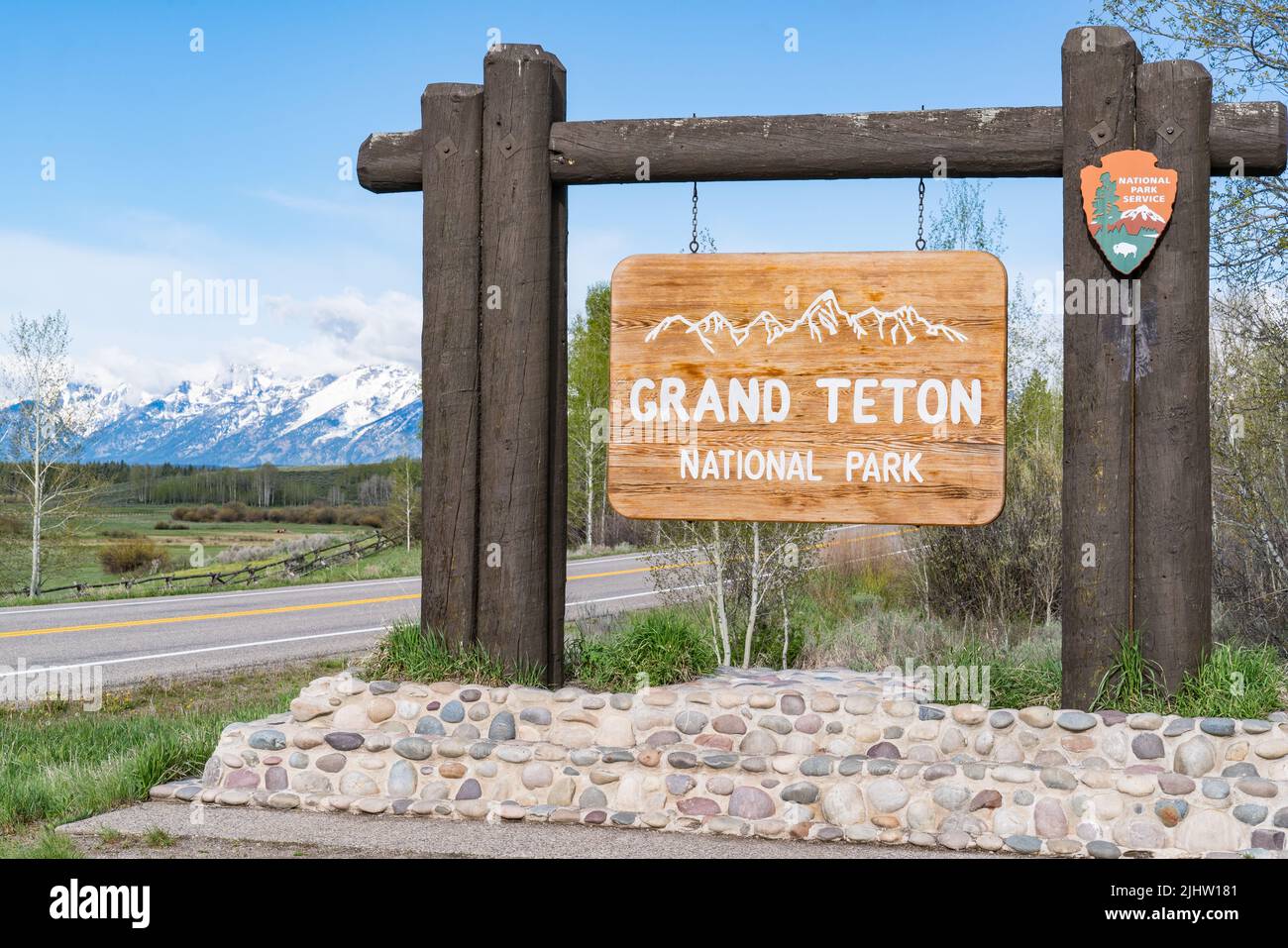 Jackson, Wyoming - June 5, 2022: Grand Teton National Park welcome sign at the north entrance of ...