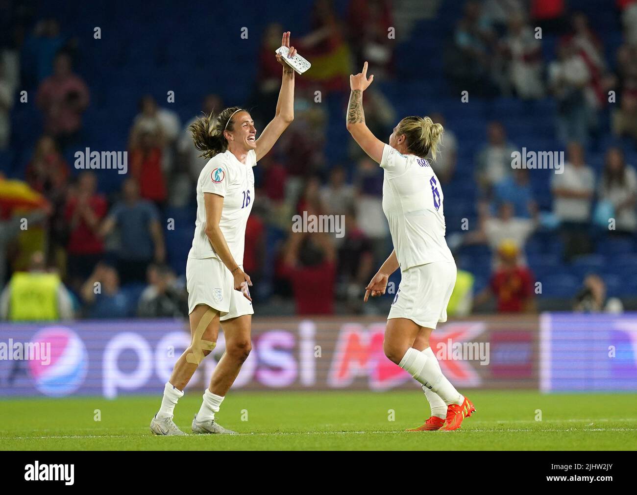 England's Jill Scott (left) and Millie Bright celebrate after the UEFA ...