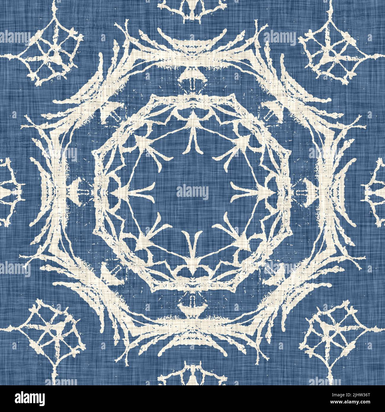 Farmhouse blue snow flake pattern background. Frosty batik french ...