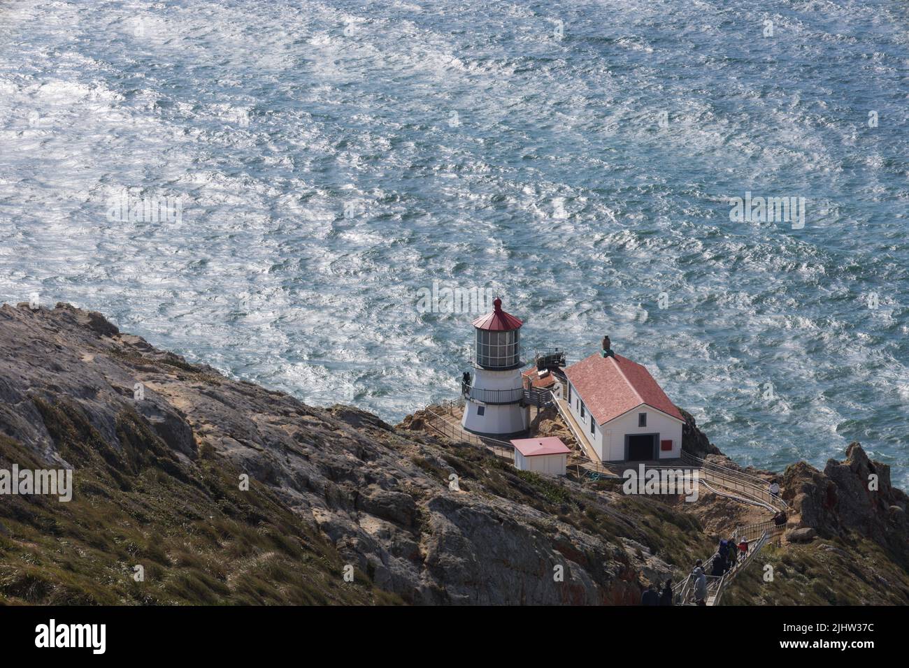 A bird's-eye view of the Point Reyes lighthouse by the ocean Stock ...