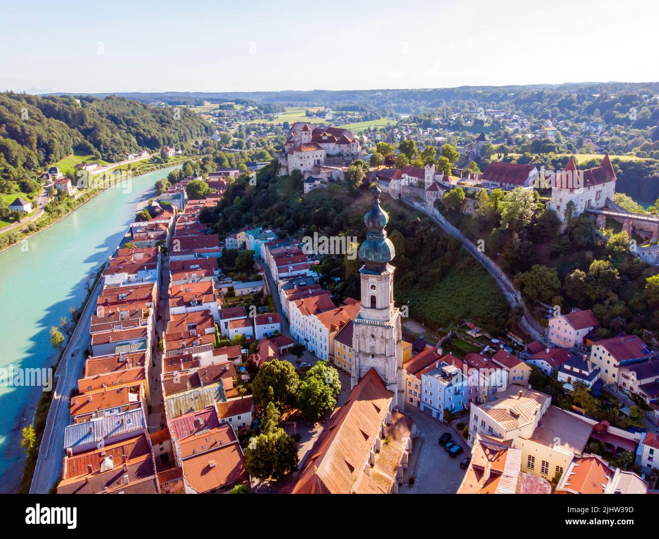 Aerial view of the world's longest castle in Burghausen Germany at ...