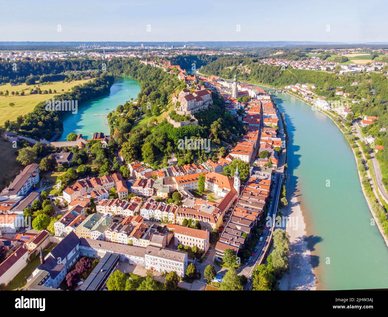 Aerial view of the world's longest castle in Burghausen Germany at ...