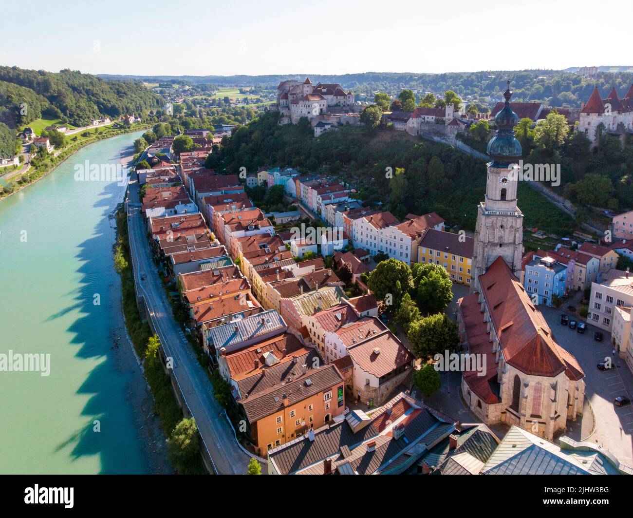 Aerial view of the world's longest castle in Burghausen Germany at ...