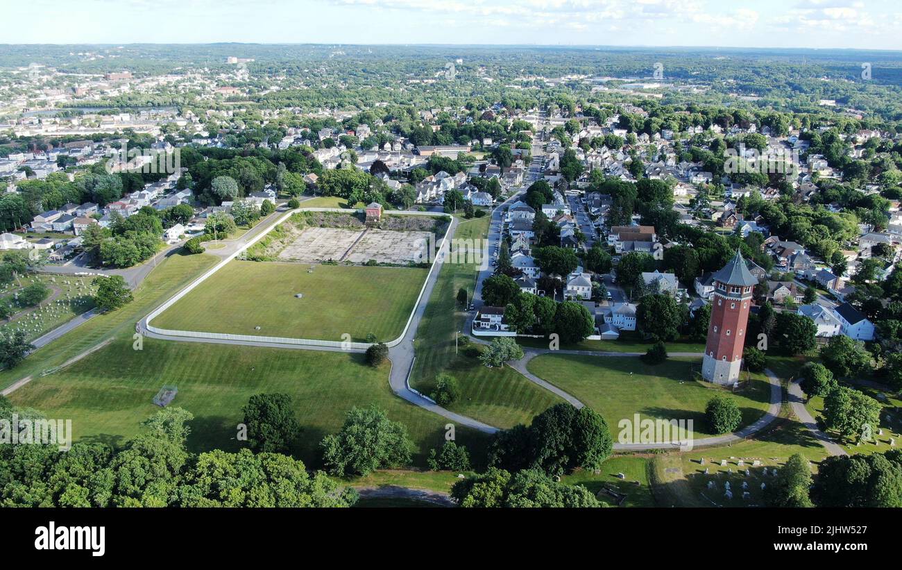 Aerial view of High Service Water Tower and Reservoir in city of ...