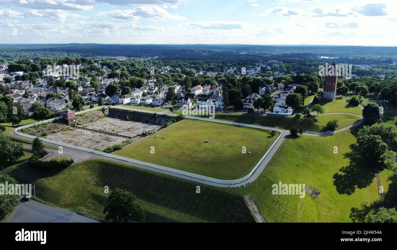 Aerial view of High Service Water Tower and Reservoir in city of ...