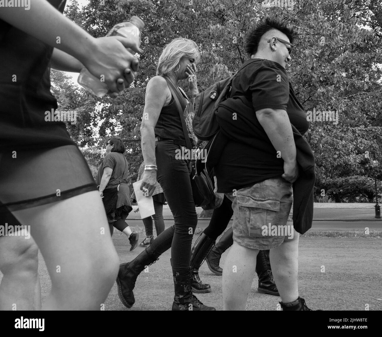 A grayscale of people dressed for a concert in Hyde Park on a warm ...