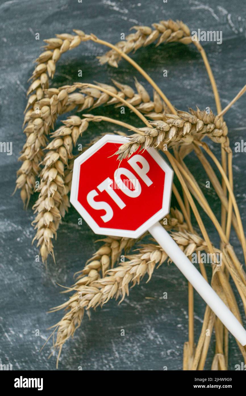 Stop on the import and export of wheat.Wheat ears and stop sign on ...