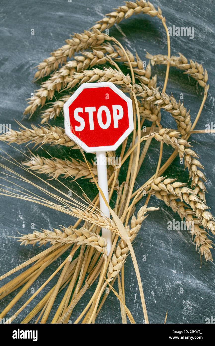 stop sign and Wheat ears on chalk board background.food crisis. Stop on ...