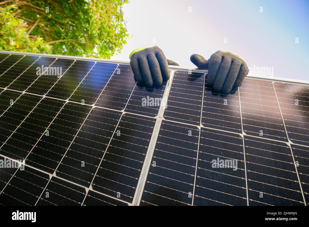 Solar panel in the hands of a worker.solar power technology.Smart ...