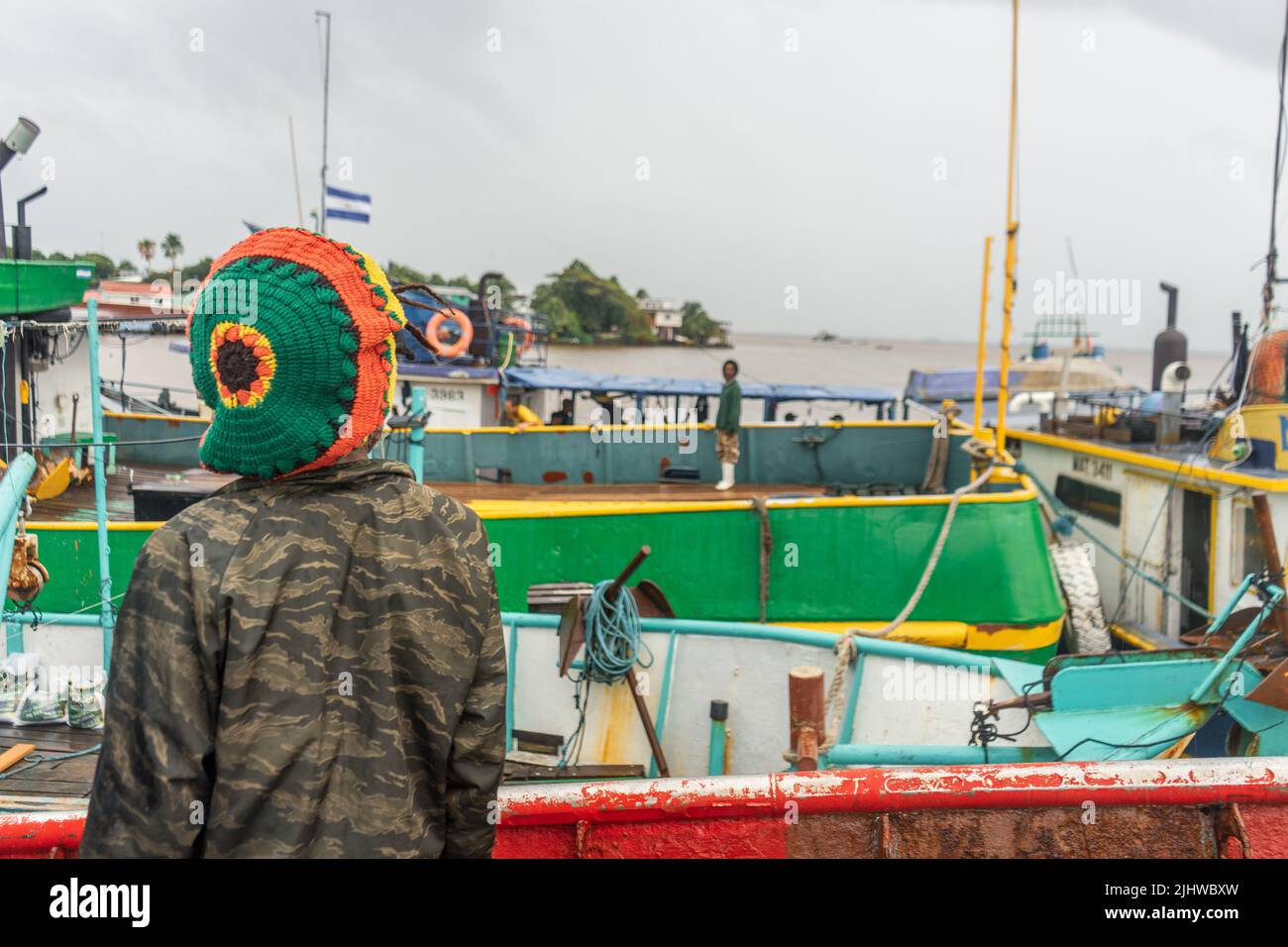 Black fisherman in the caribbean of Nicaragua looking out to sea Stock ...