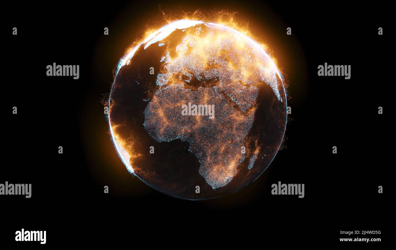 A 3D rendering of futuristic particle digital earth on fire isolated on ...