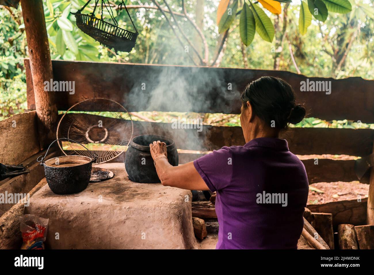 Latin grandmother with arms cooking in pots on the stove at home Stock ...