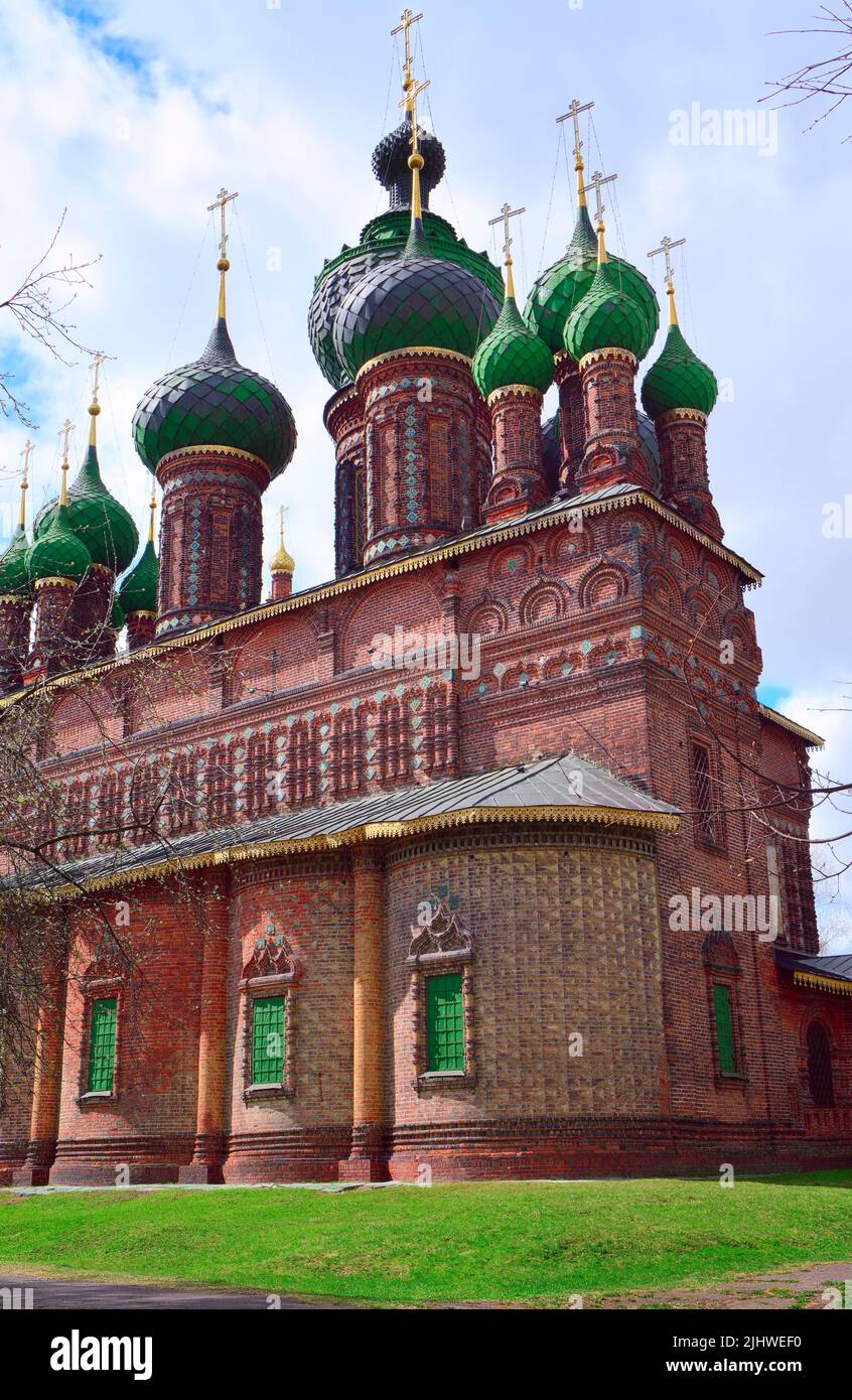 The Church of John the Baptist. Brick facade with colored tiles, a ...