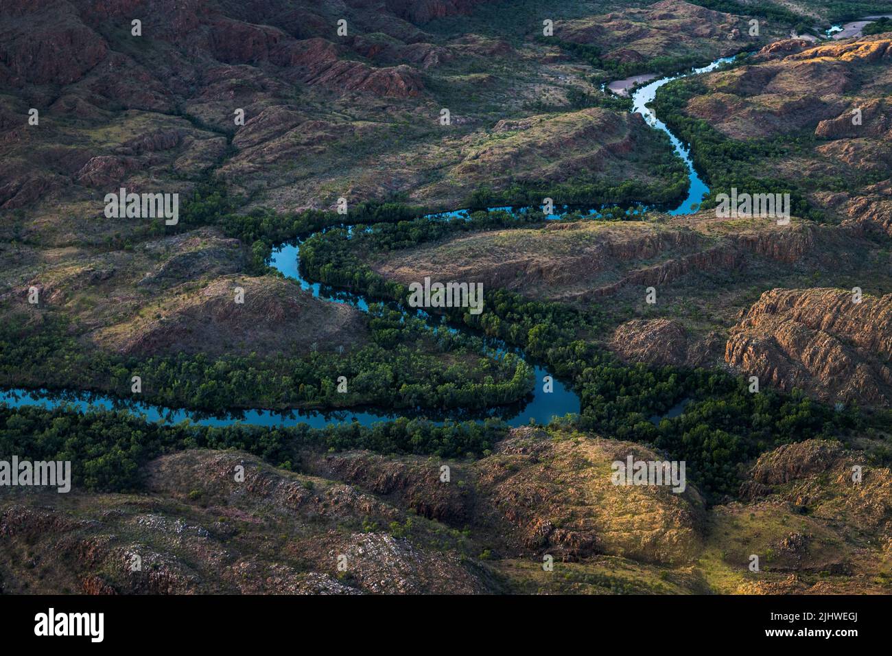 A beautiful view of El Questro Mountain range and a river from a scenic ...