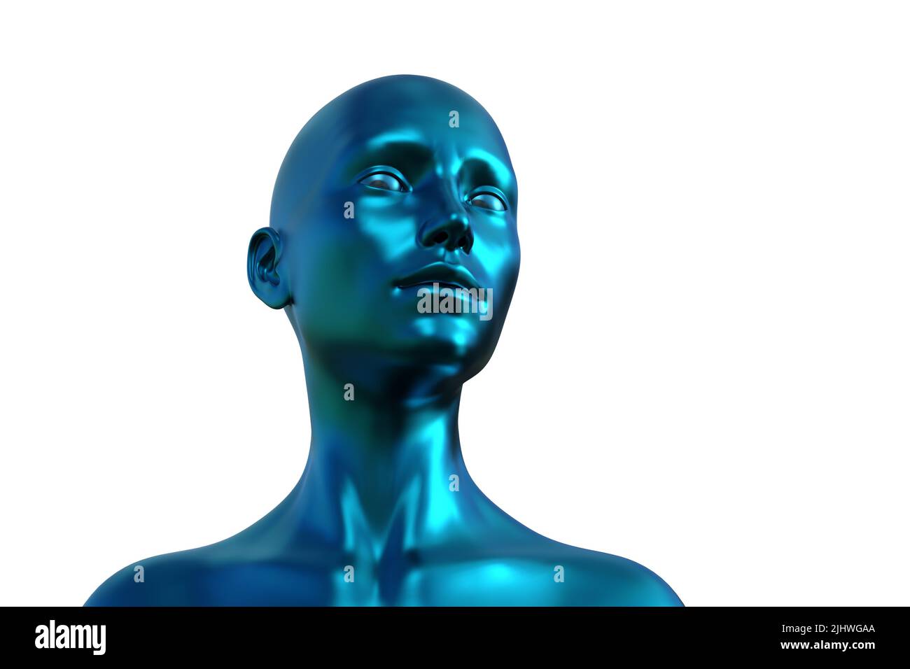 3d illustration. Portrait of a blue bald woman on a white background ...
