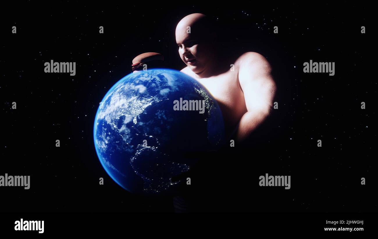 the fat man holds the earth in his hands. Obesity problem concept. 3d ...